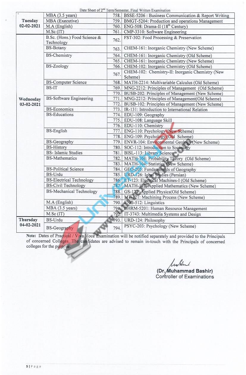 Date Sheet of 2nd Term Affiliated Colleges Sargodha University-5