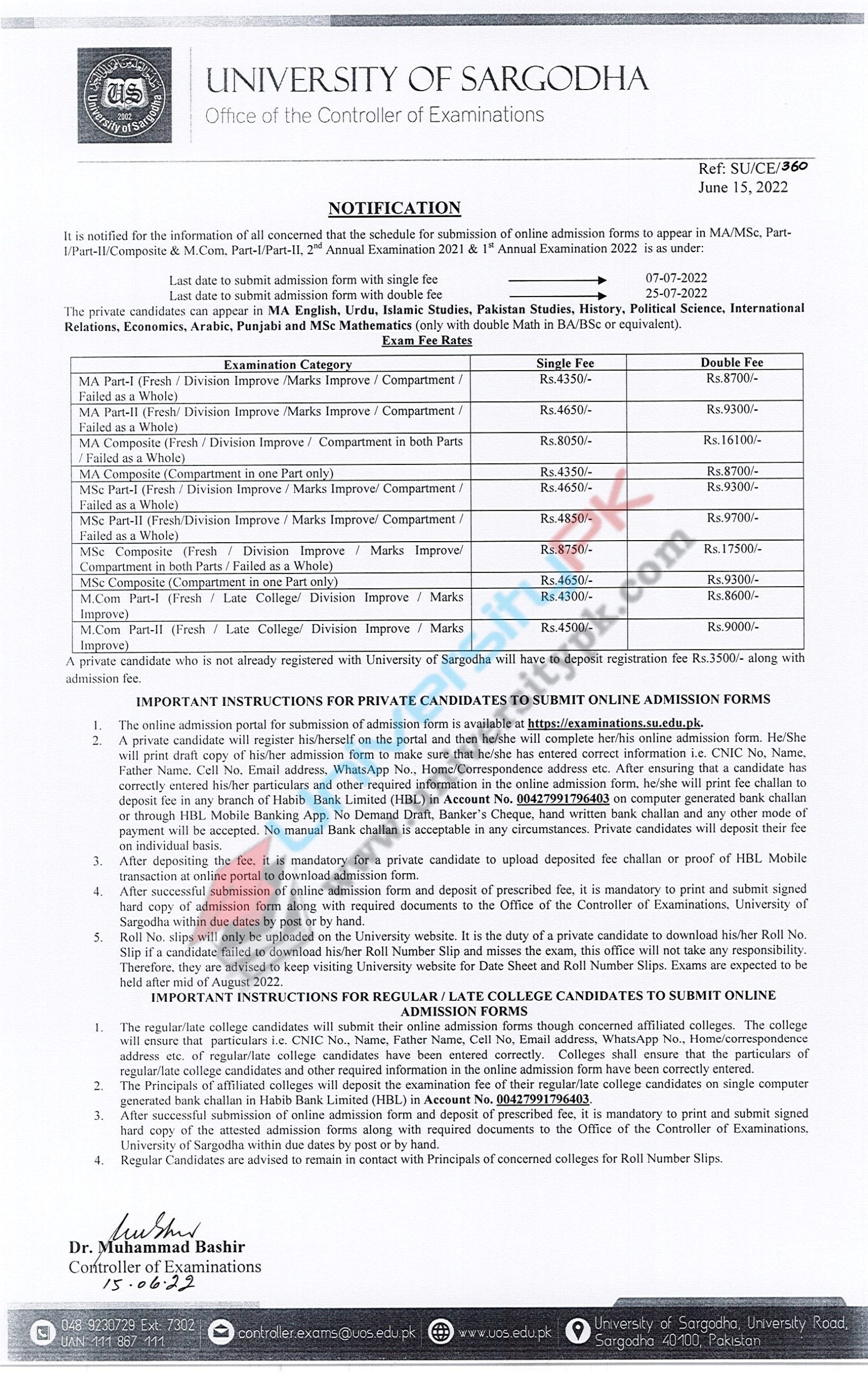 MA MSc Admission Schedule 2022