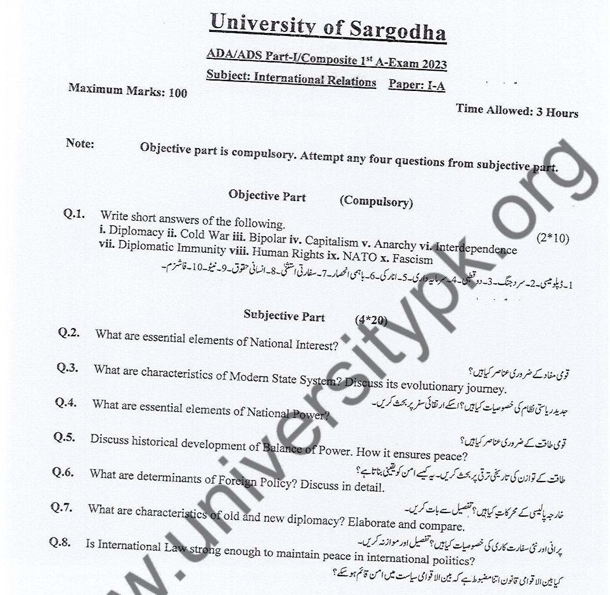 International Relations Elective / Optional ADA/ADS /BA / B.Sc Past Papers Sargodha University ...
