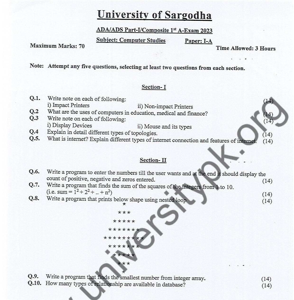 Computer Studies Sargodha University ADA/ADS/ADC/BA/B.Sc Past Papers 2023 - UniversityPK.org ...