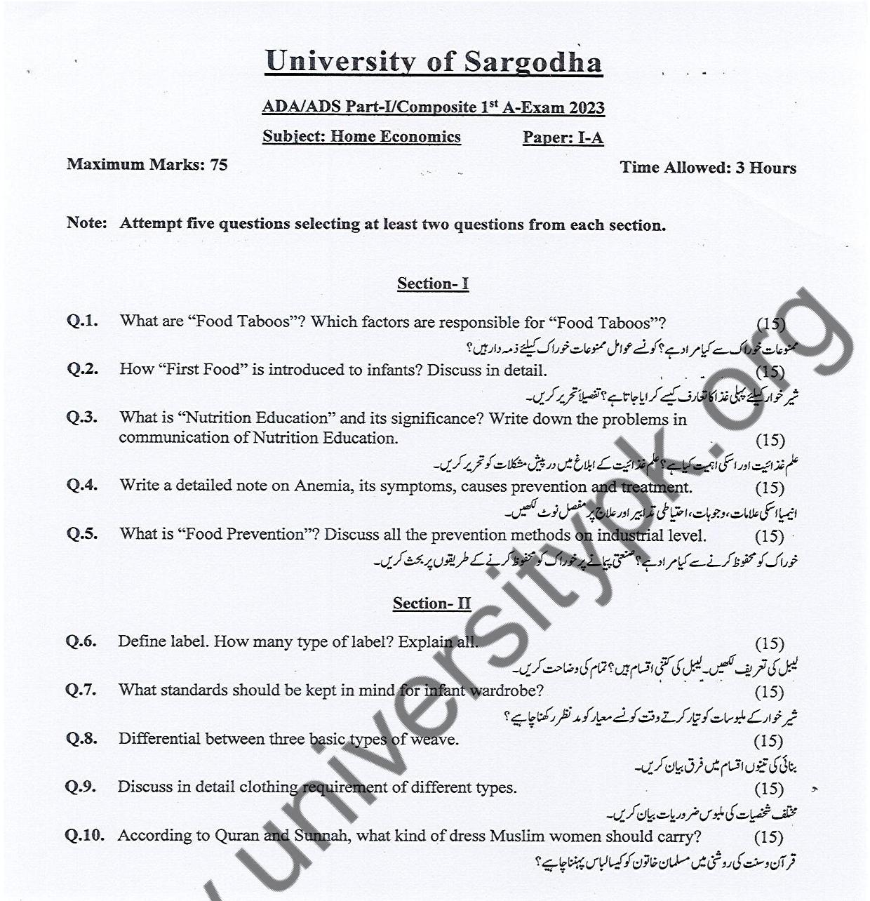 Home Economics Elective / Optional ADA / ADS BA / B.Sc Past Papers Sargodha University 2023 ...
