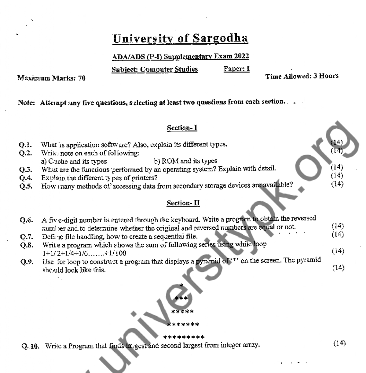 Computer Studies Sargodha University ADA/ADS/ADC/BA/B.Sc Past Papers 2022 - UniversityPK.org ...
