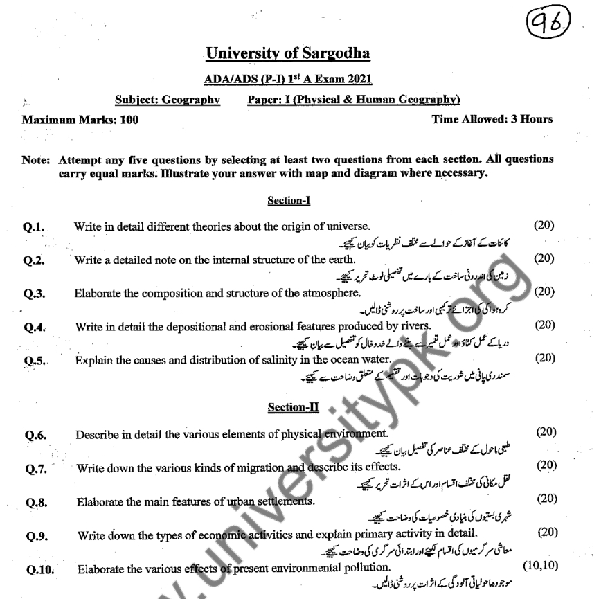 Geography Elective / Optional ADA / ADS / BA / B.Sc Past Papers Sargodha University 2021 ...