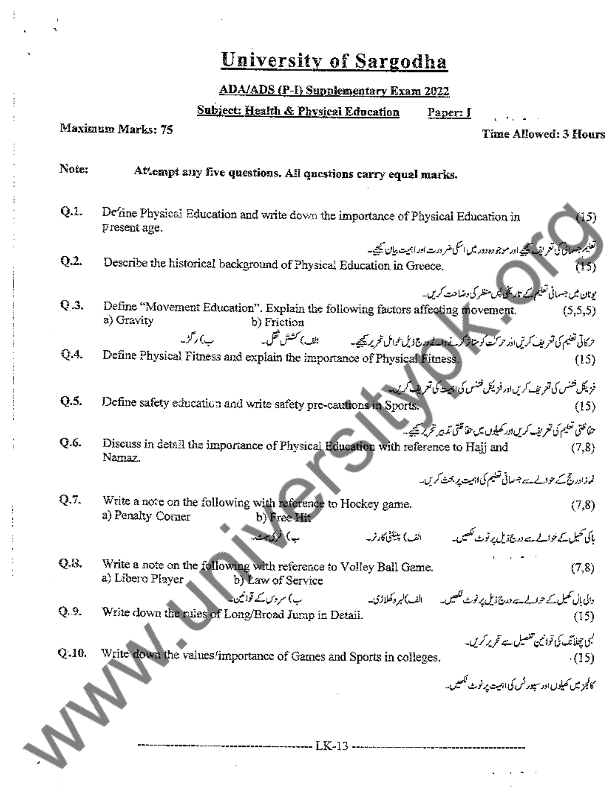 Health & Physical Education Elective/Optional ADA/ADS/BA/B.Sc Past Papers Sargodha University ...