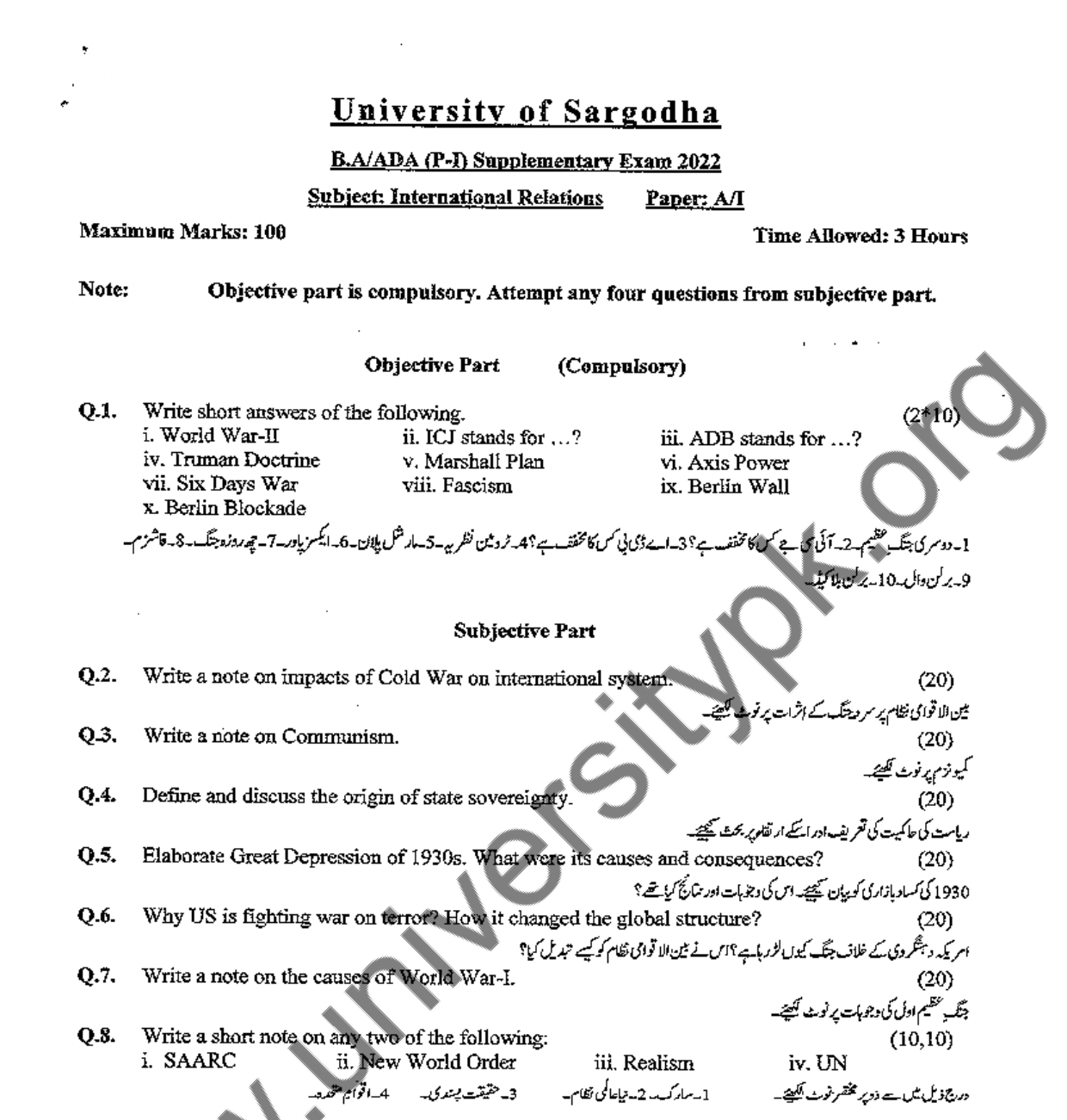 International Relations Elective / Optional ADA/ADS /BA / B.Sc Past Papers Sargodha University ...